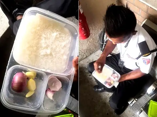 Security Guard Eating Rice With Onion and Garlic Heartbreaking Pictures ...