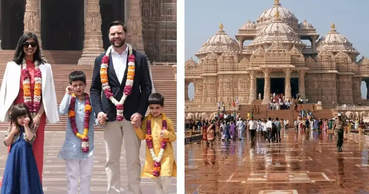 US Vice President Vance Arrived At Akshardham Temple,गले में माला डाल ...