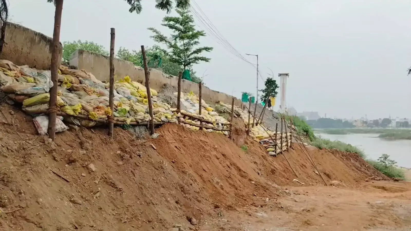 Temporary sandbag at the construction site of trichy srirangam cauvery ...