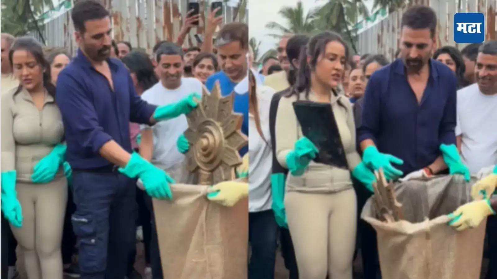 Akshay Kumar and Amruta Fadnavis Cleaning Juhu Beach After Ganpati Visarjan 2025 Netizens ...
