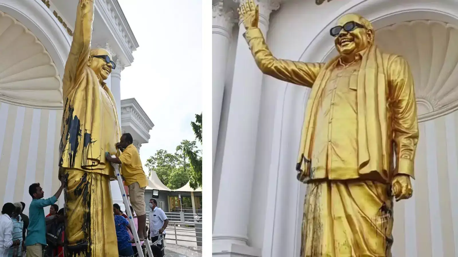 Karunanidhi Statue Desecrated,கருணாநிதி சிலை கருப்பு பெயிண்ட் ஊற்றி ...