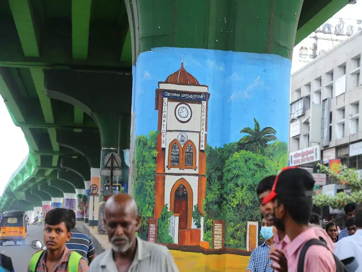 Coimbatore Gandhipuram flyover paintings on pillars : கோவை காந்தி புரம் ...