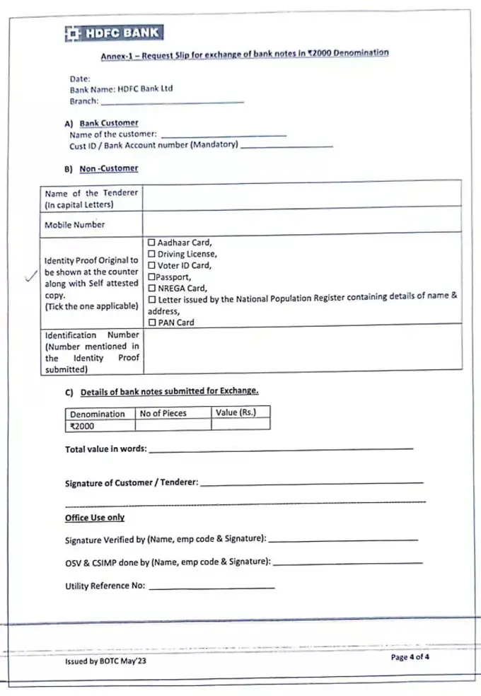 HDFC Bank form for 2000 notes exchange or deposit