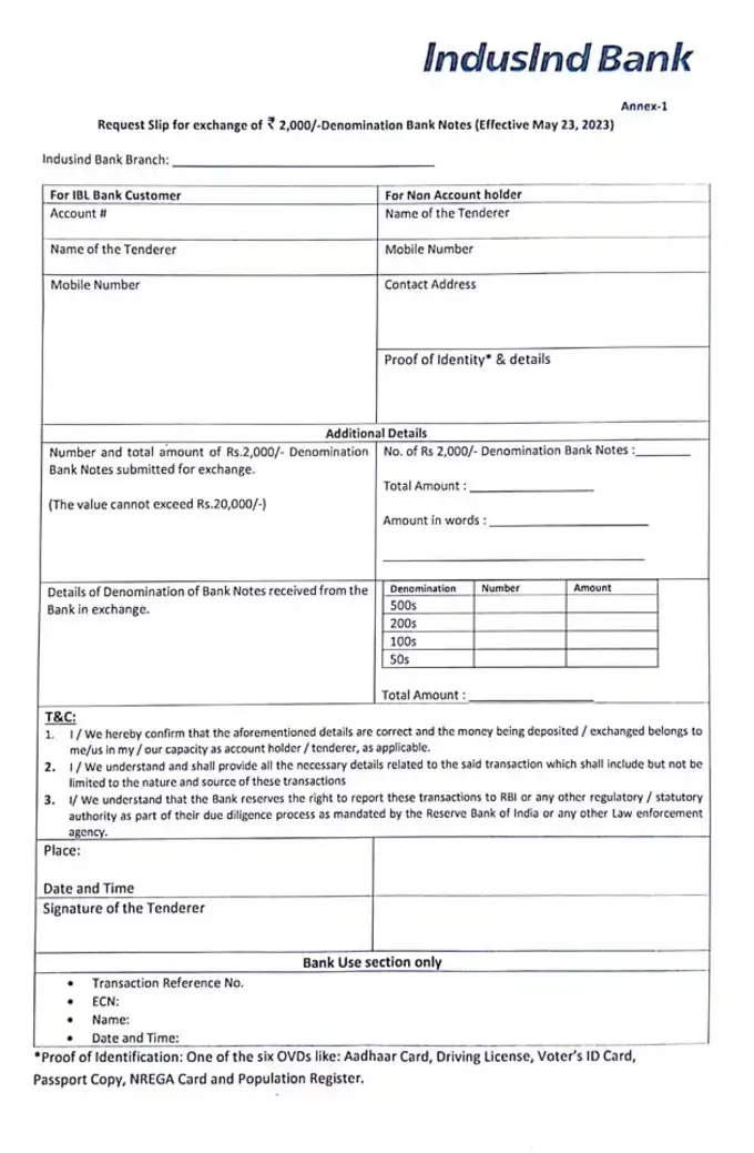 IndusInd Bank form for 2000 notes exchange or deposit